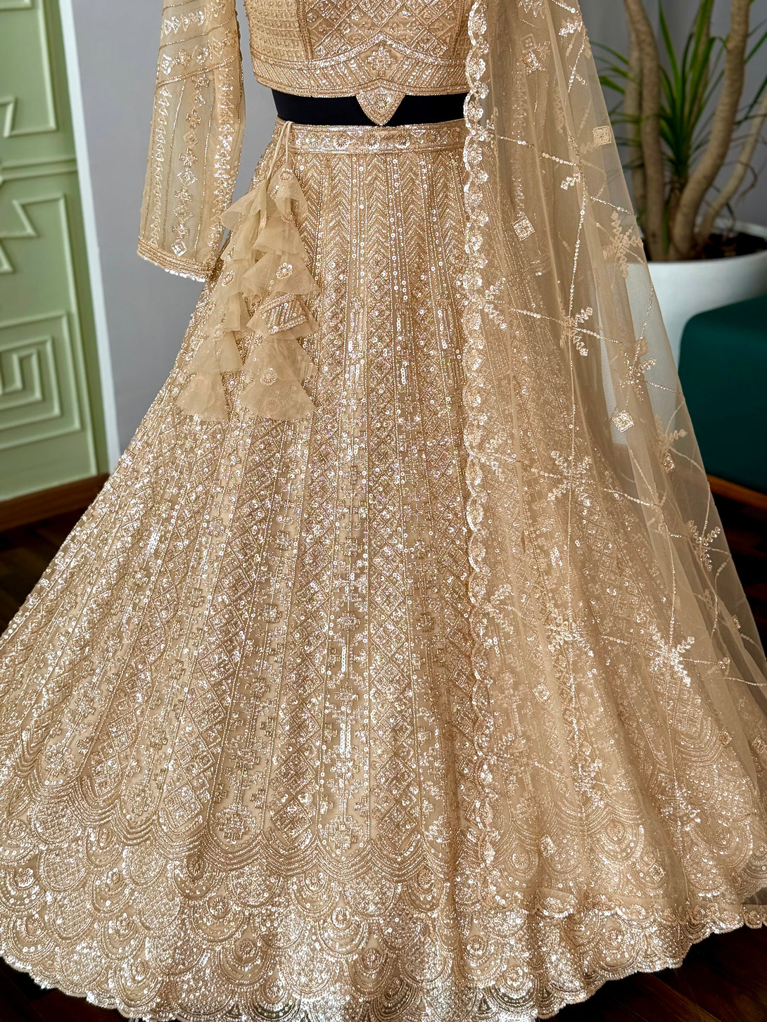Golden color Bids Embroidery work Designer Lehenga Choli for Wedding F ...