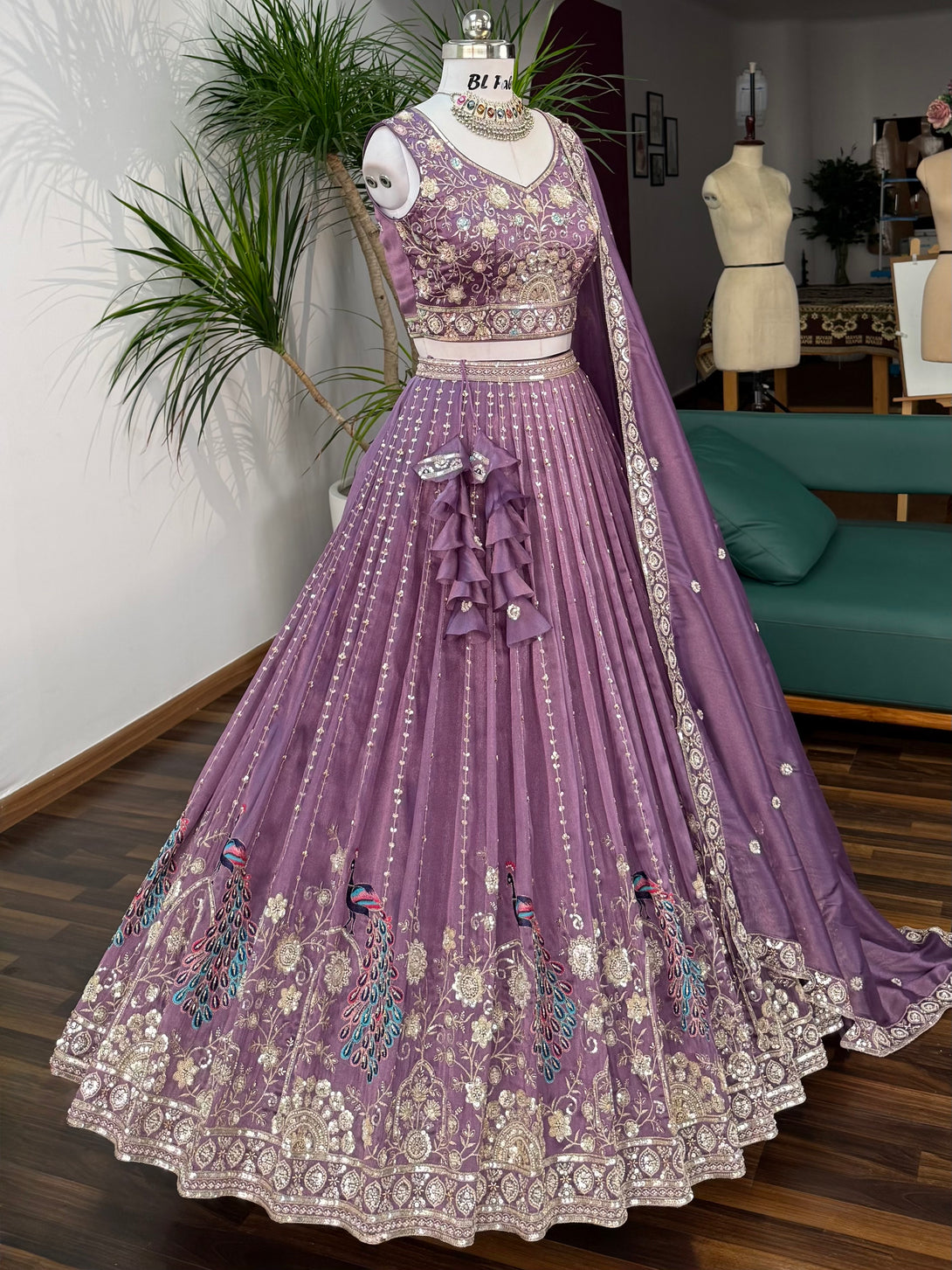 BL Fabric Mauve Purple color Bids Embroidery Designer Lehenga Choli