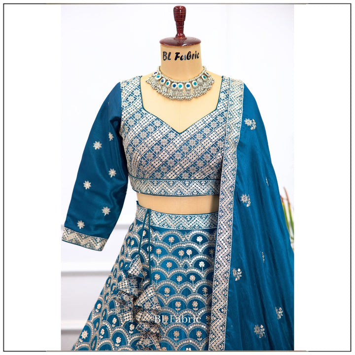 Shadding Skyblue Color Sequence And Thread Work Designer Wedding Lehenga Bl Fabric
