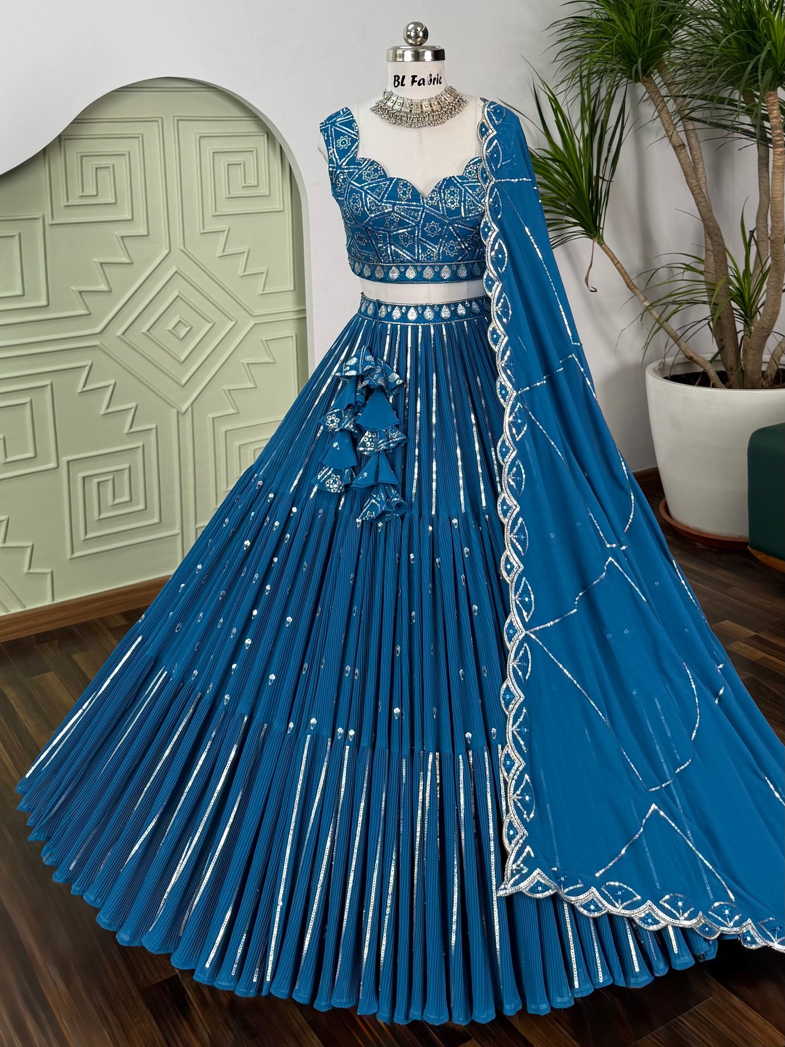 Firozi color Ruffle Sequence Embroidery work Designer Lehenga Choli BL ...