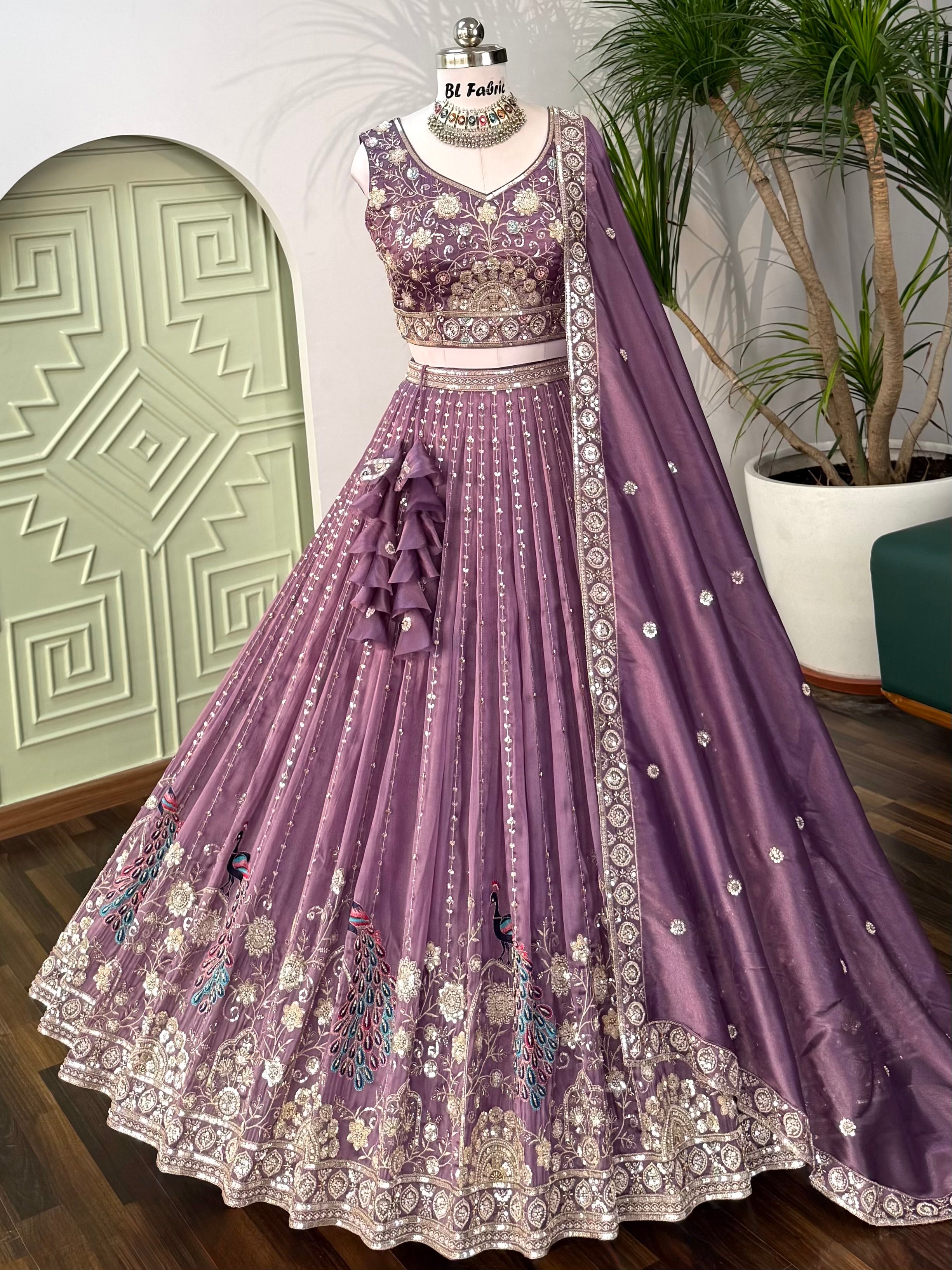 BL Fabric Mauve Purple color Bids Embroidery Designer Lehenga Choli