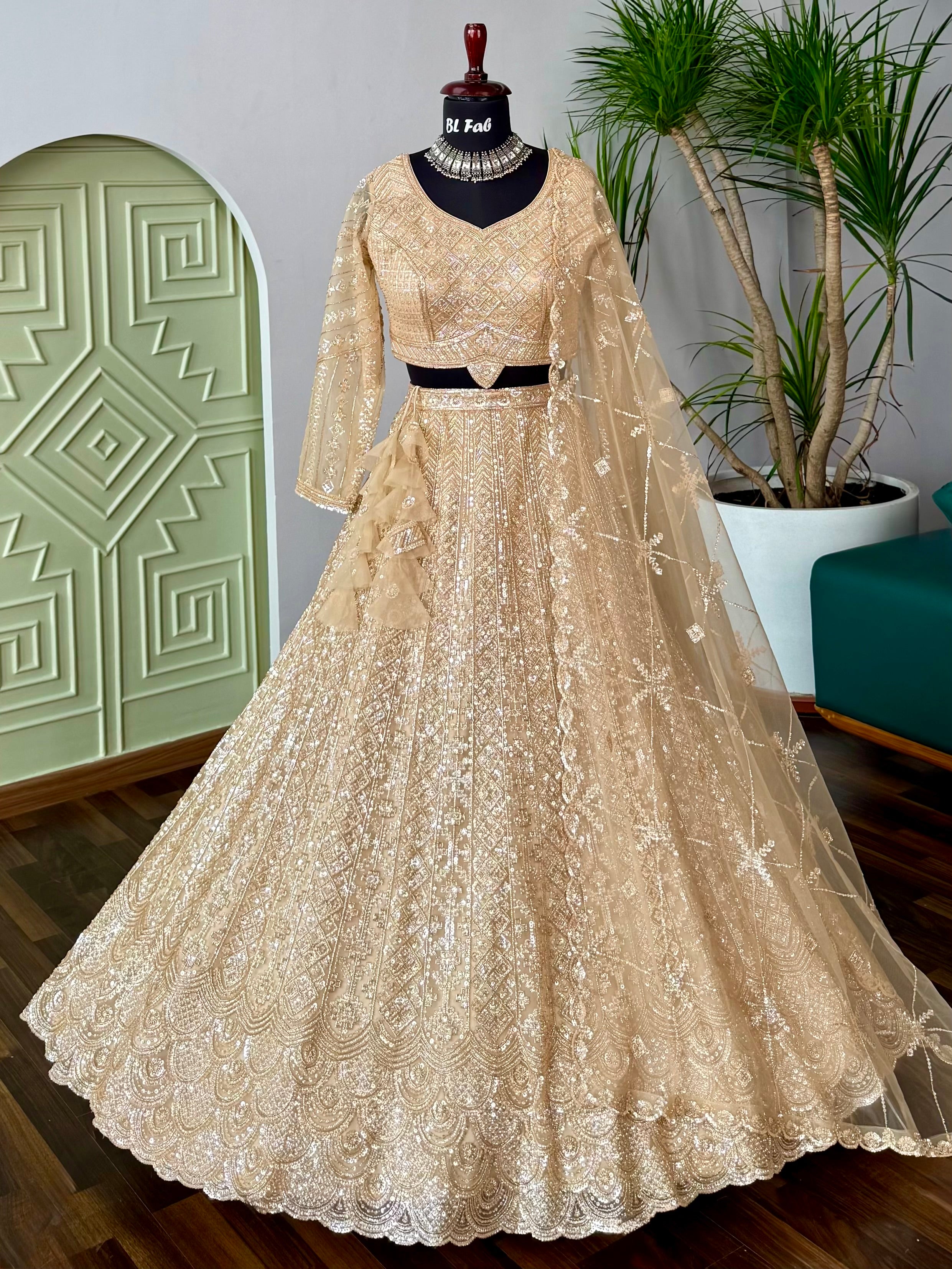Golden color Bids Embroidery work Designer Lehenga Choli for Wedding F ...