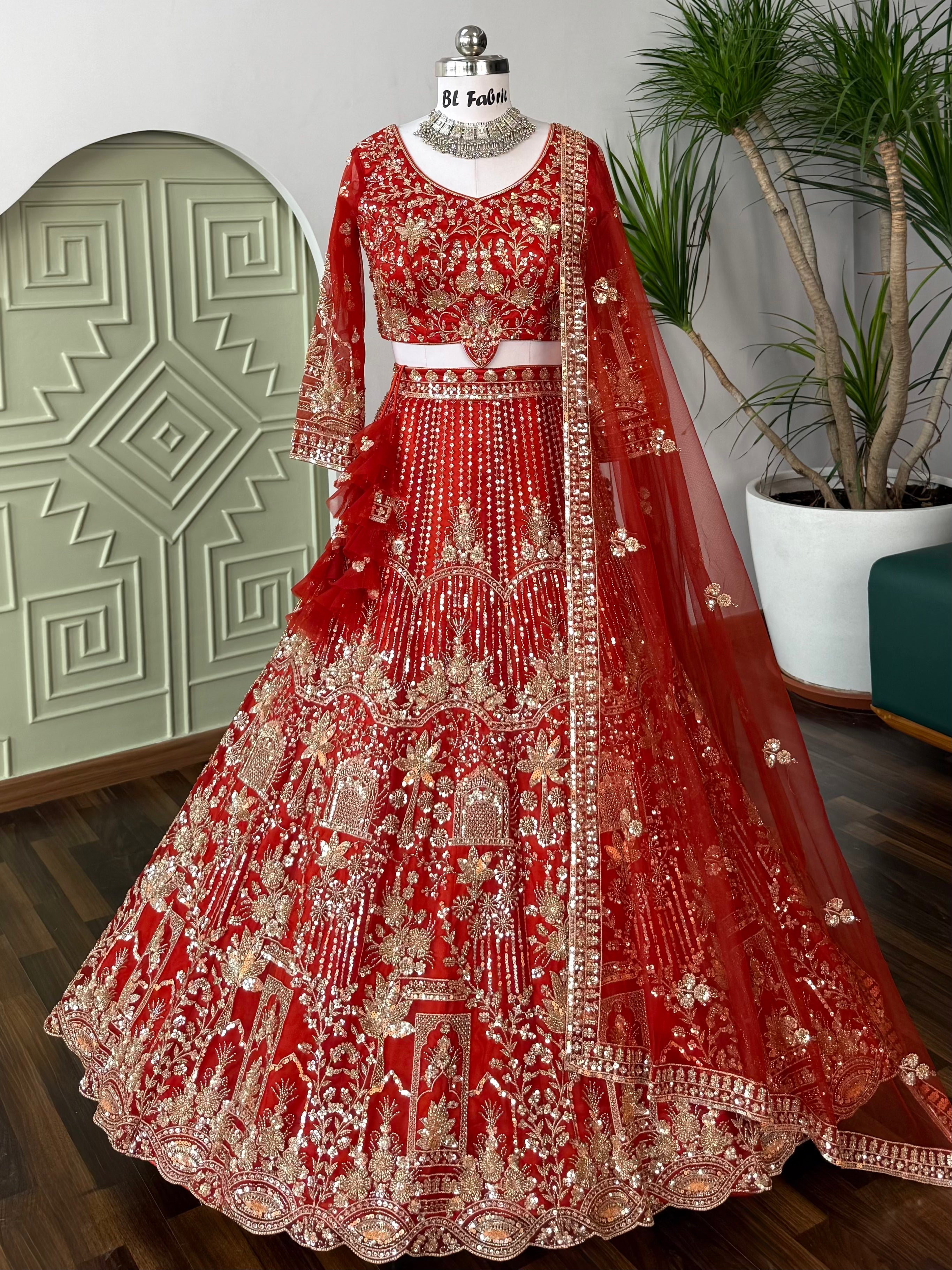 Orange color Hand Embroidery work Designer Lehenga Choli for Wedding F ...