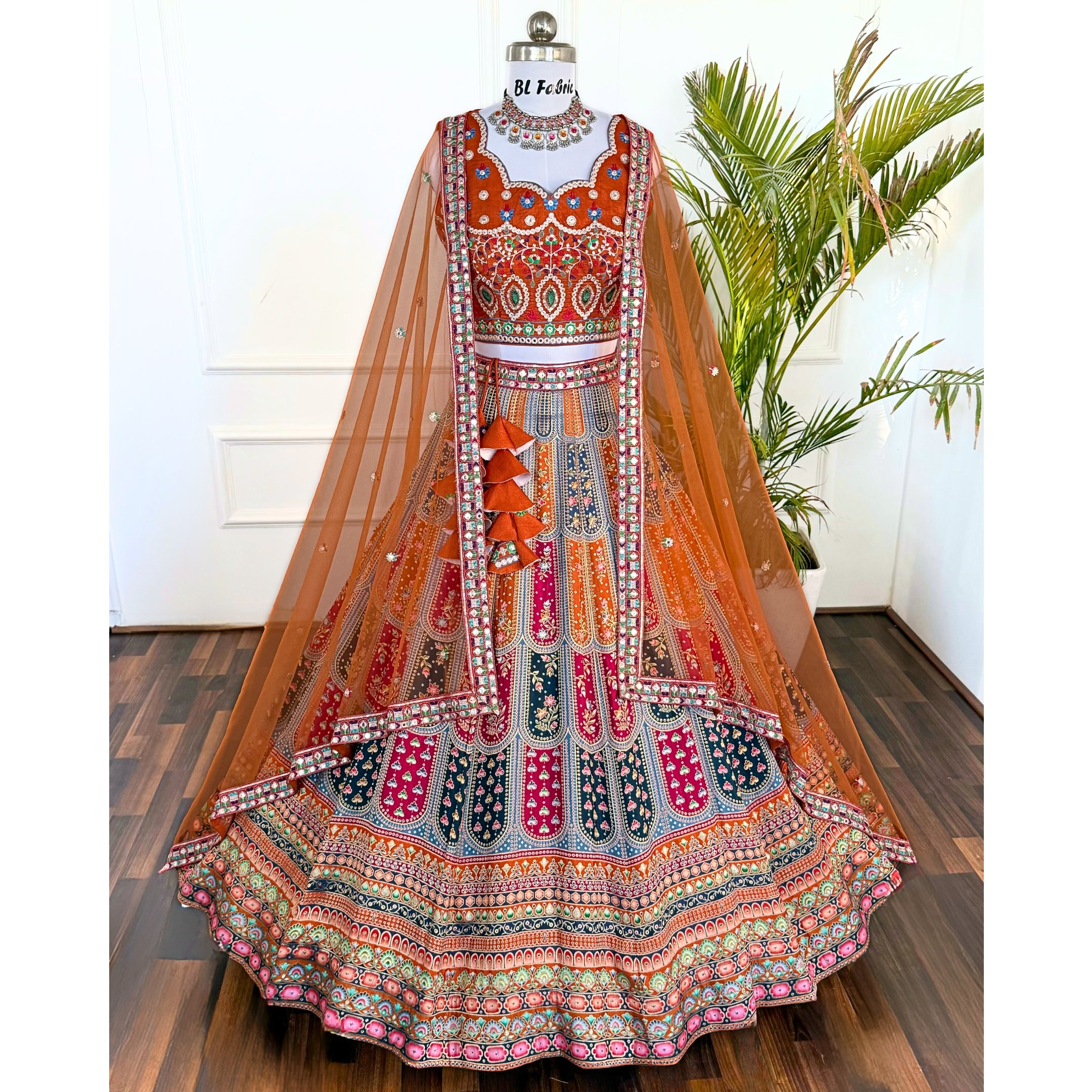 Multi color Sequence & Thread Embroidery work Designer Lehenga with Or ...
